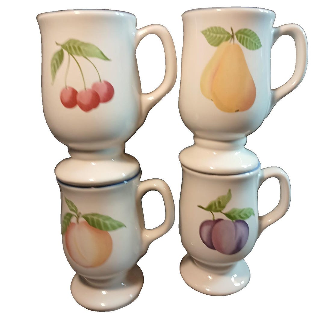 Pfaltzgraff Hopscotch Fruit 4 Pedestal Coffee Mugs Grandmugs Vintage 4 ...