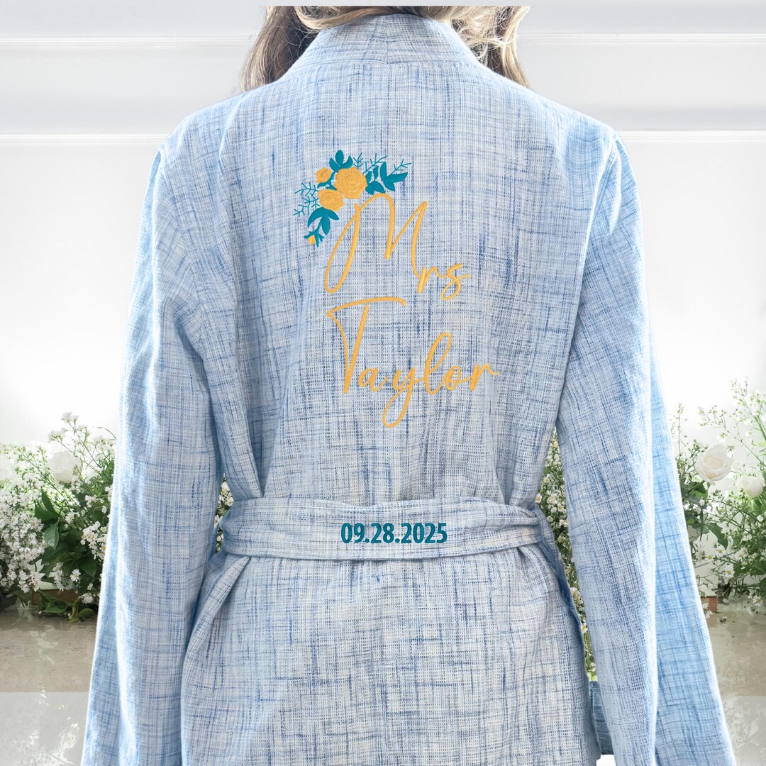 Custom Embroidery Mrs Robe With Wedding Date, Floral Design, Cotton ...