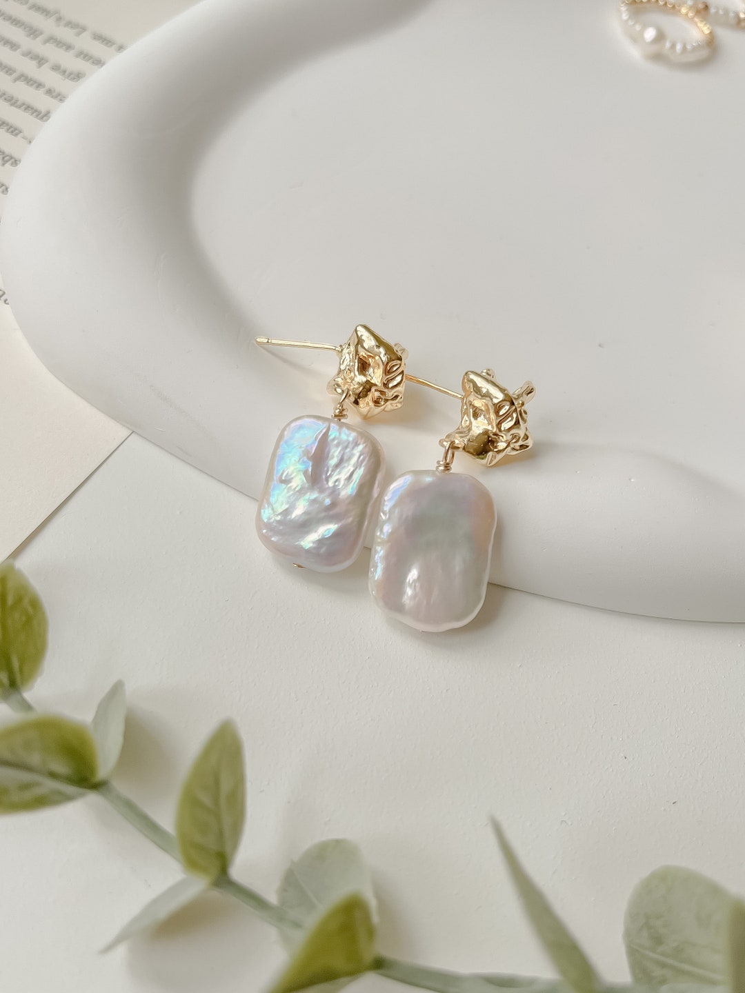 Maya | Lava Stone Rectangle Pearl Drop Earrings, Abstract 14k Gold ...