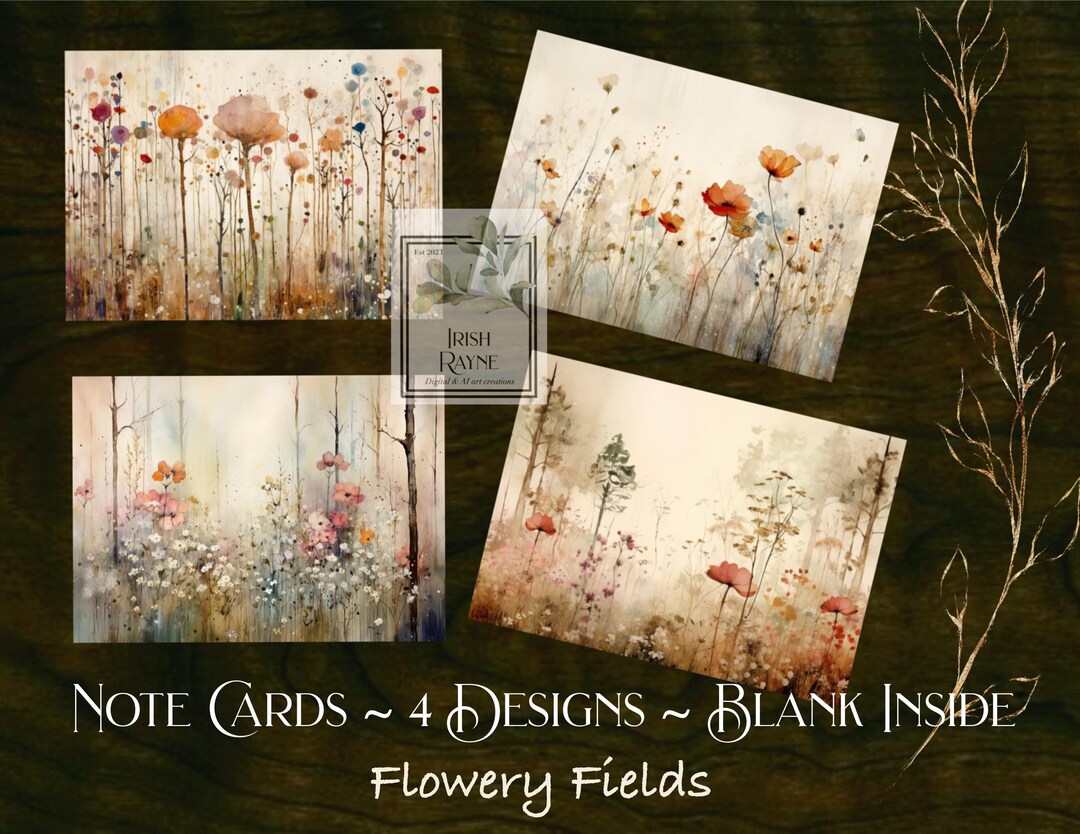 Printable Note Cards - Blank Inside - Flowery Fields - Etsy