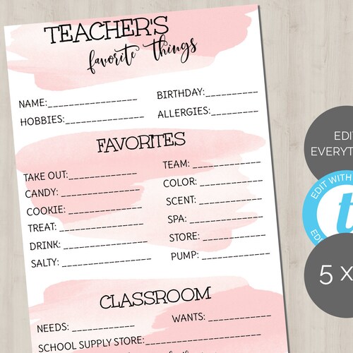 EDITABLE Teacher Survey Printable Teacher's Favorite - Etsy