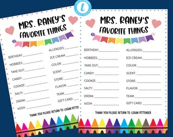 Teacher Favorite Things Survey Printable All About My Teacher - Etsy