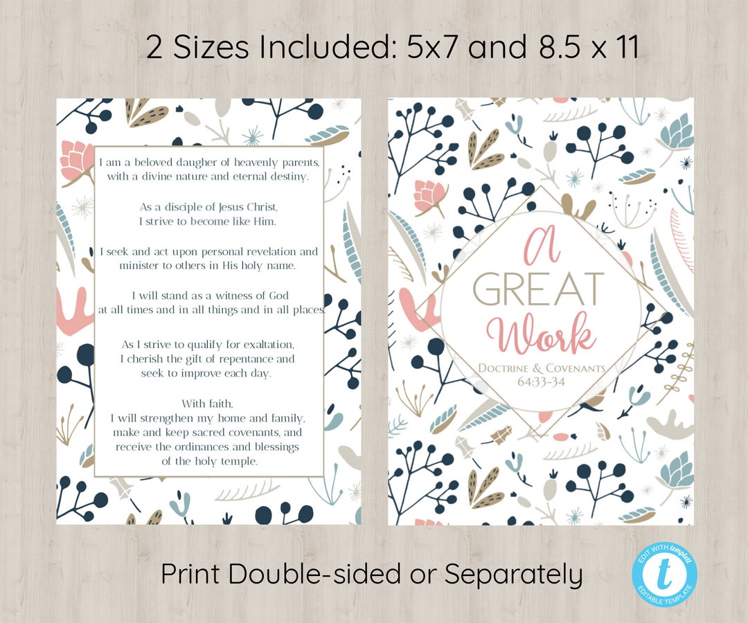 2 Editable 2021 Young Women A Great Work Handout Templates; 2 Sided 5x7 ...