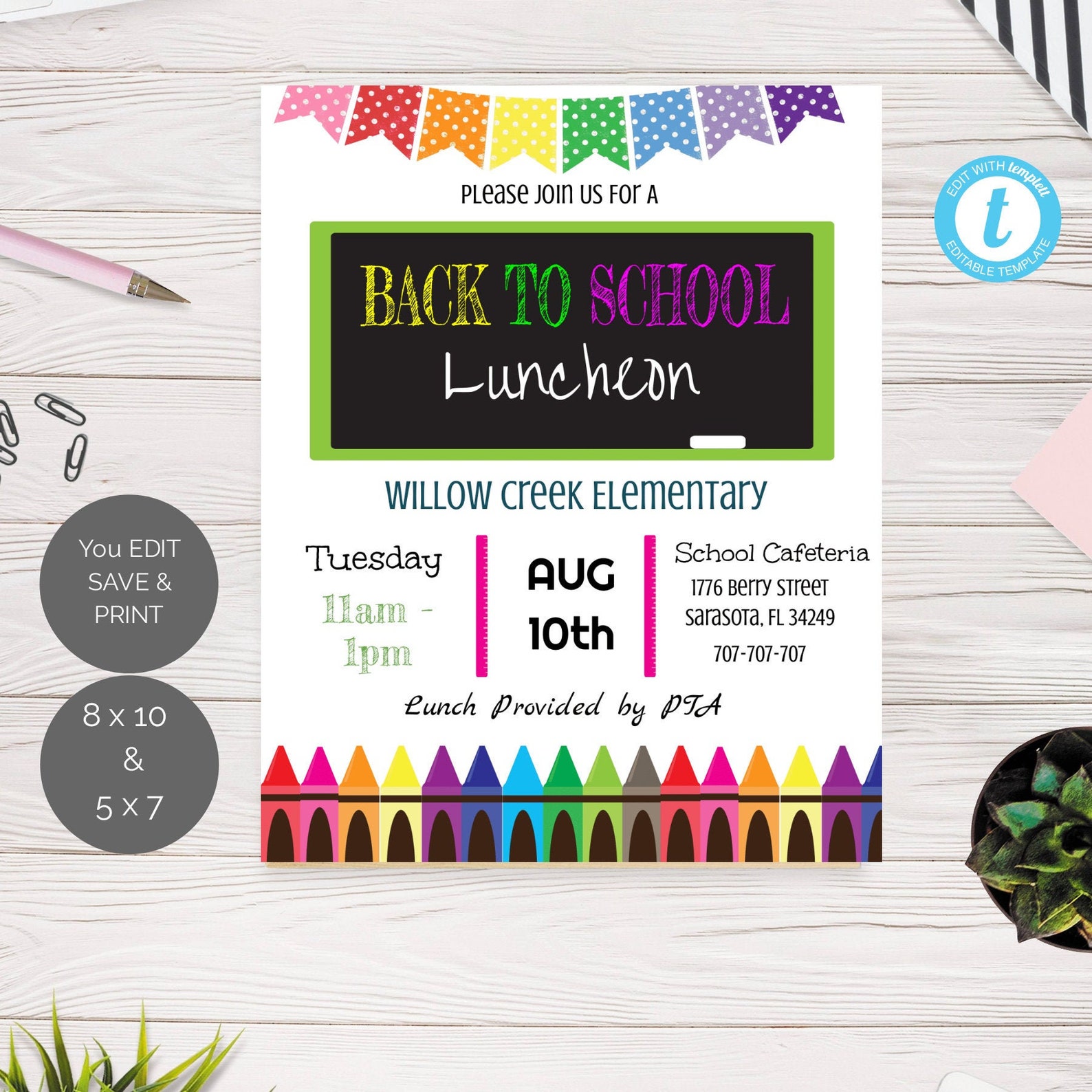 Back to School Luncheon Flyer Invitation; Teacher PTA Lunch; Crayon ...