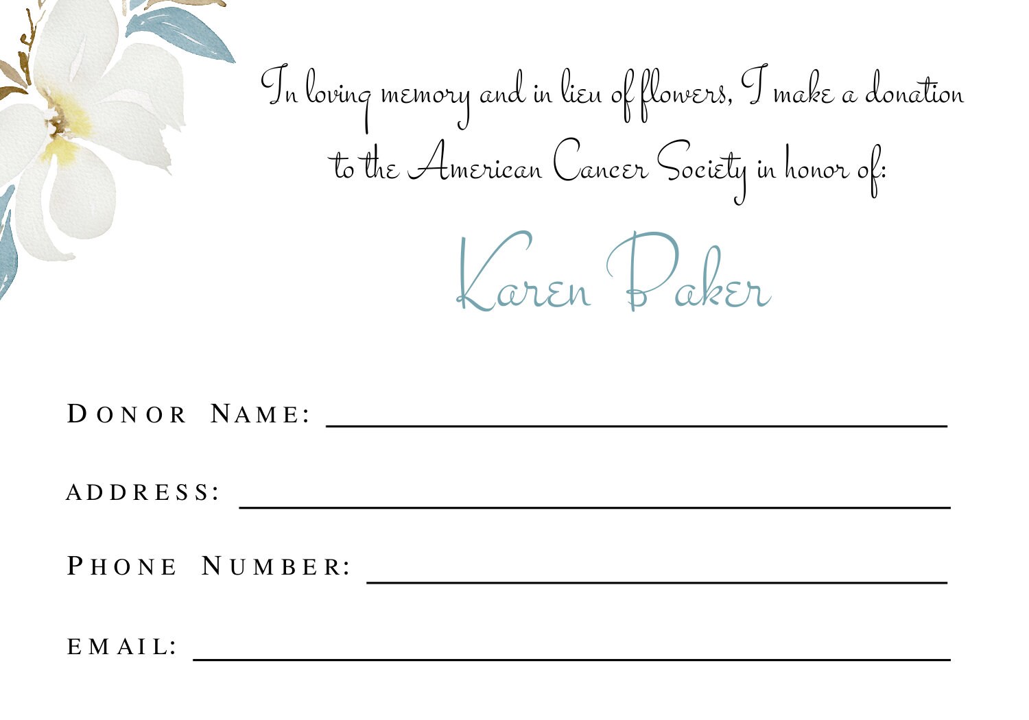Editable White Teal Floral Donation Card Template in Lieu of Flowers ...