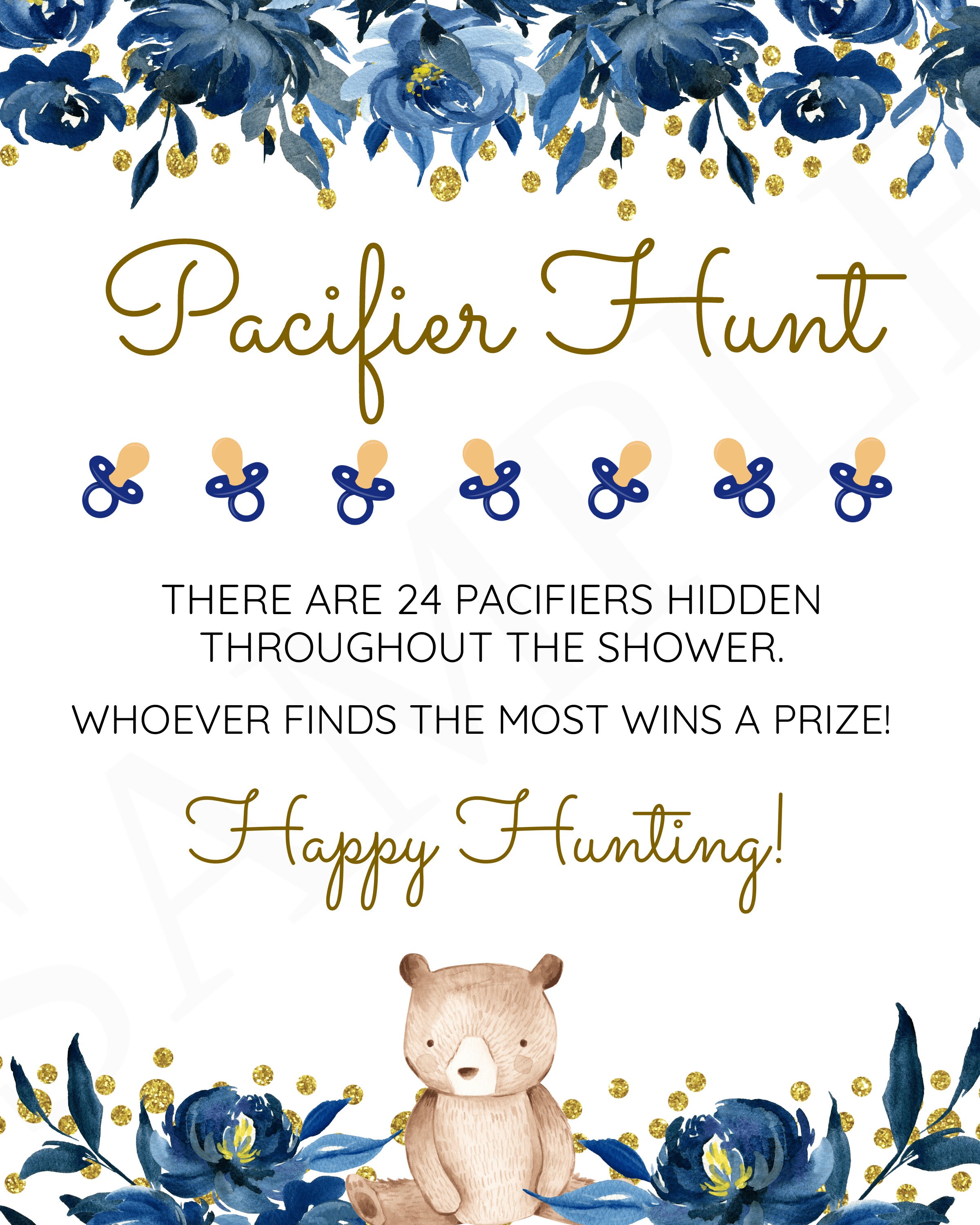EDITABLE Navy Gold Bear Pacifier Hunt Sign 8x10 Baby Boy Girl Shower ...