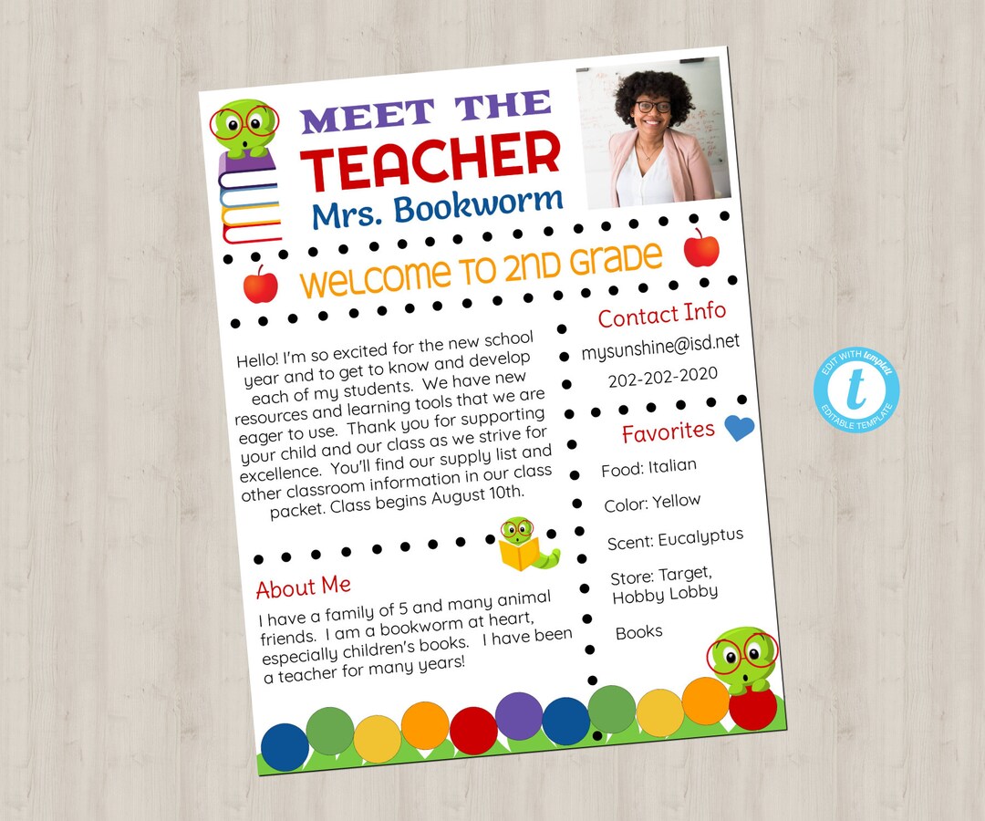 Editable Meet The Teacher Template Colorful Rainbow Bookworm Primary ...