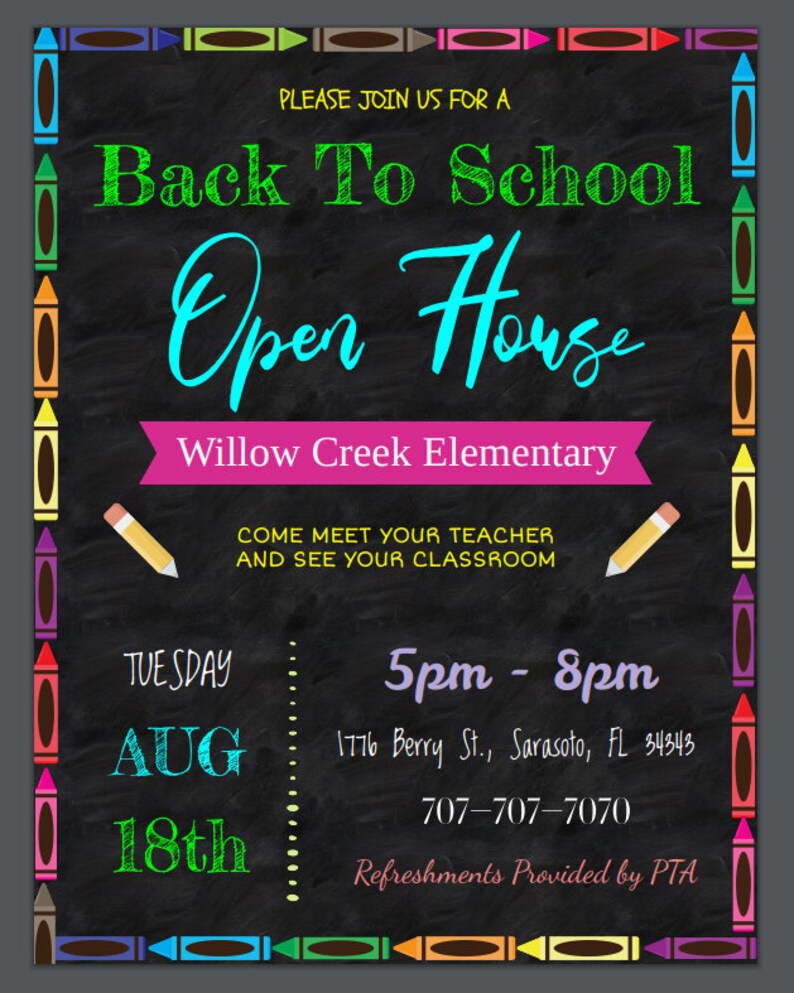 Editable Chalkboard Back to School Open House Invitation Template PTO ...