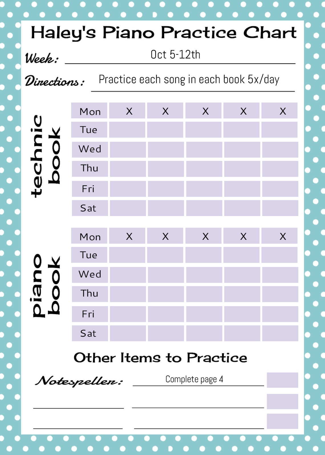 Editable Piano Practice Chart Template Children's Piano | Etsy