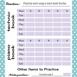 Editable Piano Practice Chart Template; Children's Piano Lesson Tracker ...