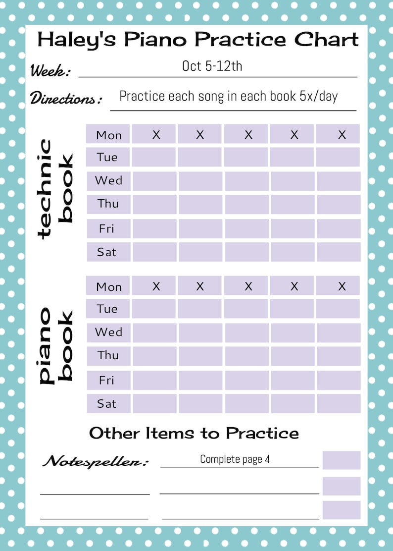 Editable Piano Practice Chart Template; Children's Piano Lesson Tracker ...