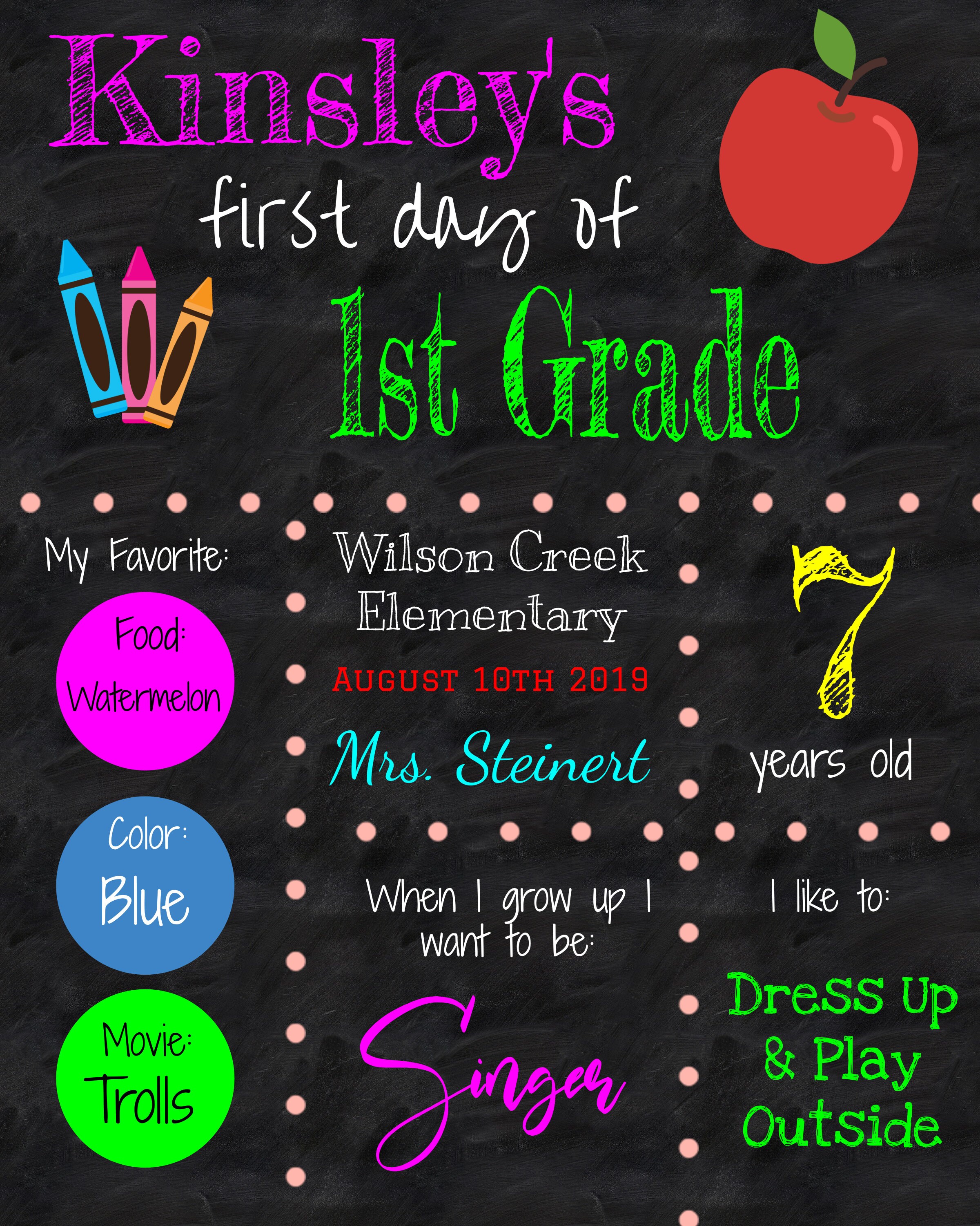 First Day of School Chalkboard PRINTABLE Stats Sign 8x10 Back to School ...