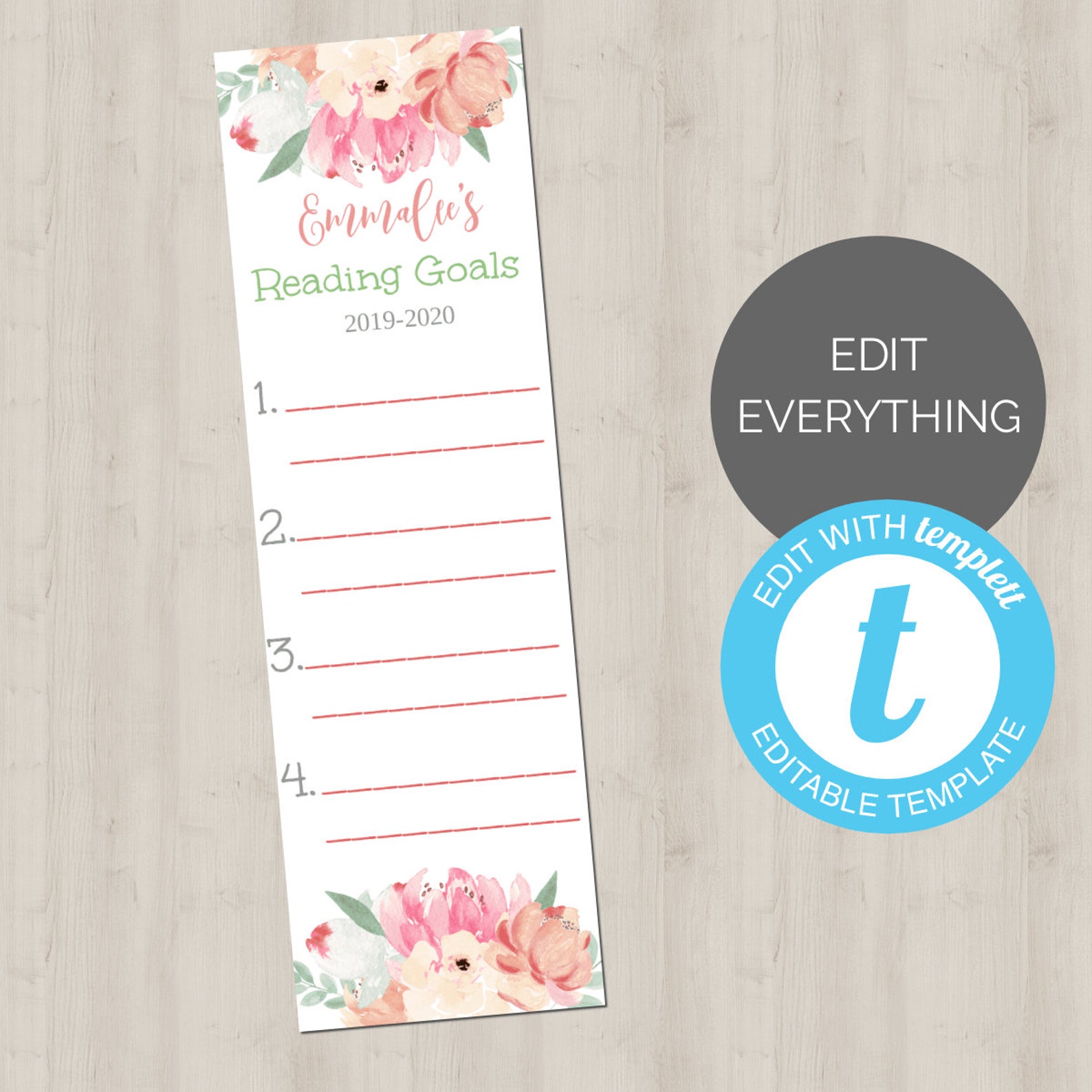 First Day of School Pink Peach Floral Reading Goals Bookmark; Back to ...