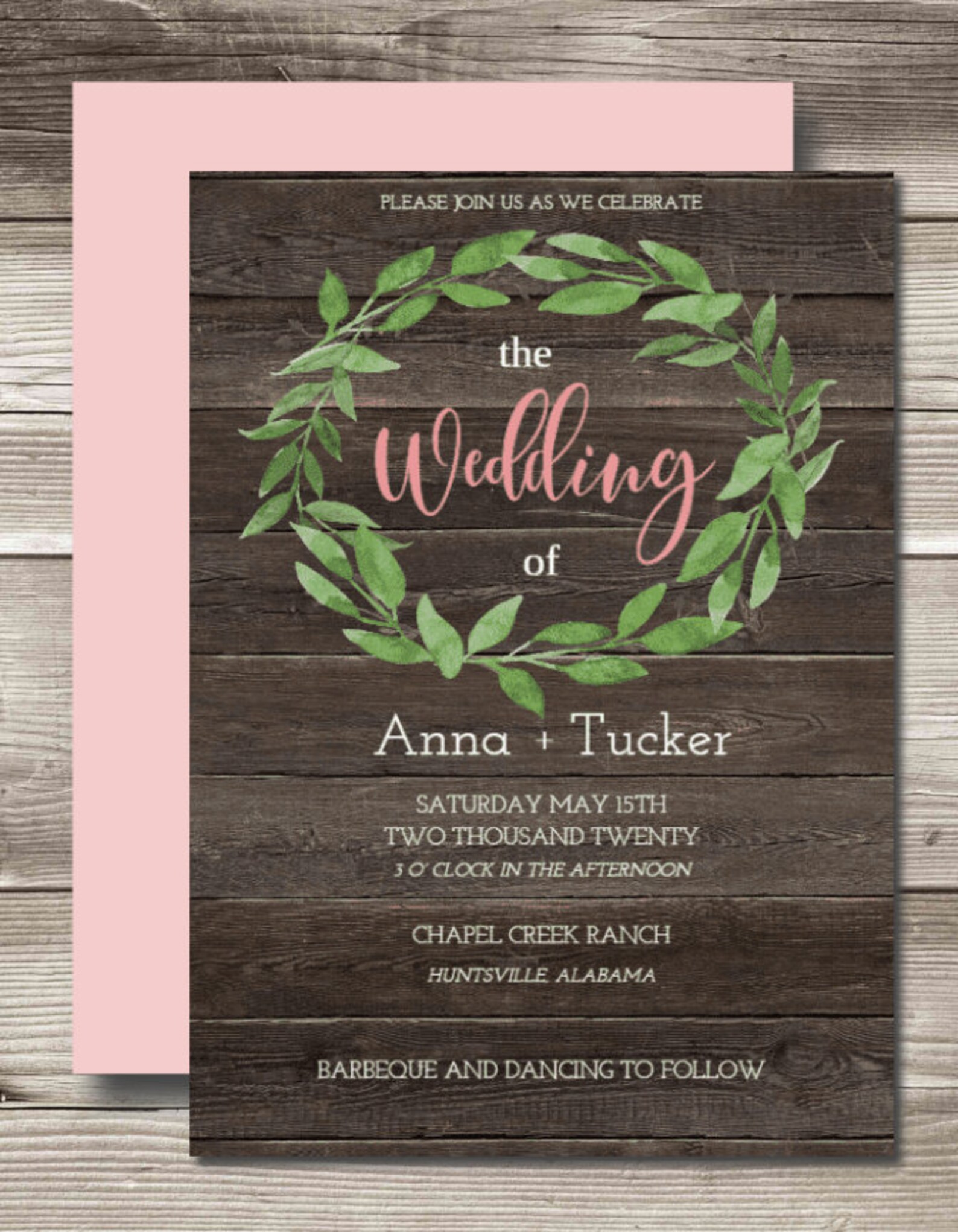 Rustic Green Wreath and Pink Wedding Invitation Country Theme Dark Wood ...