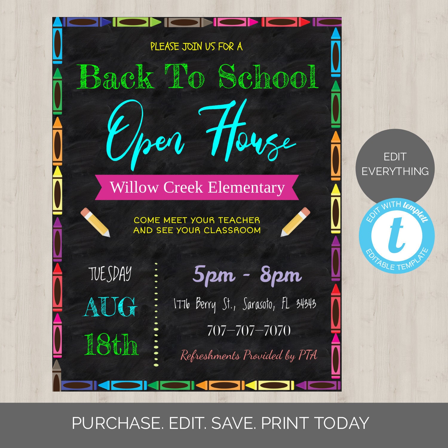 Editable Chalkboard Back to School Open House Invitation Template PTO ...