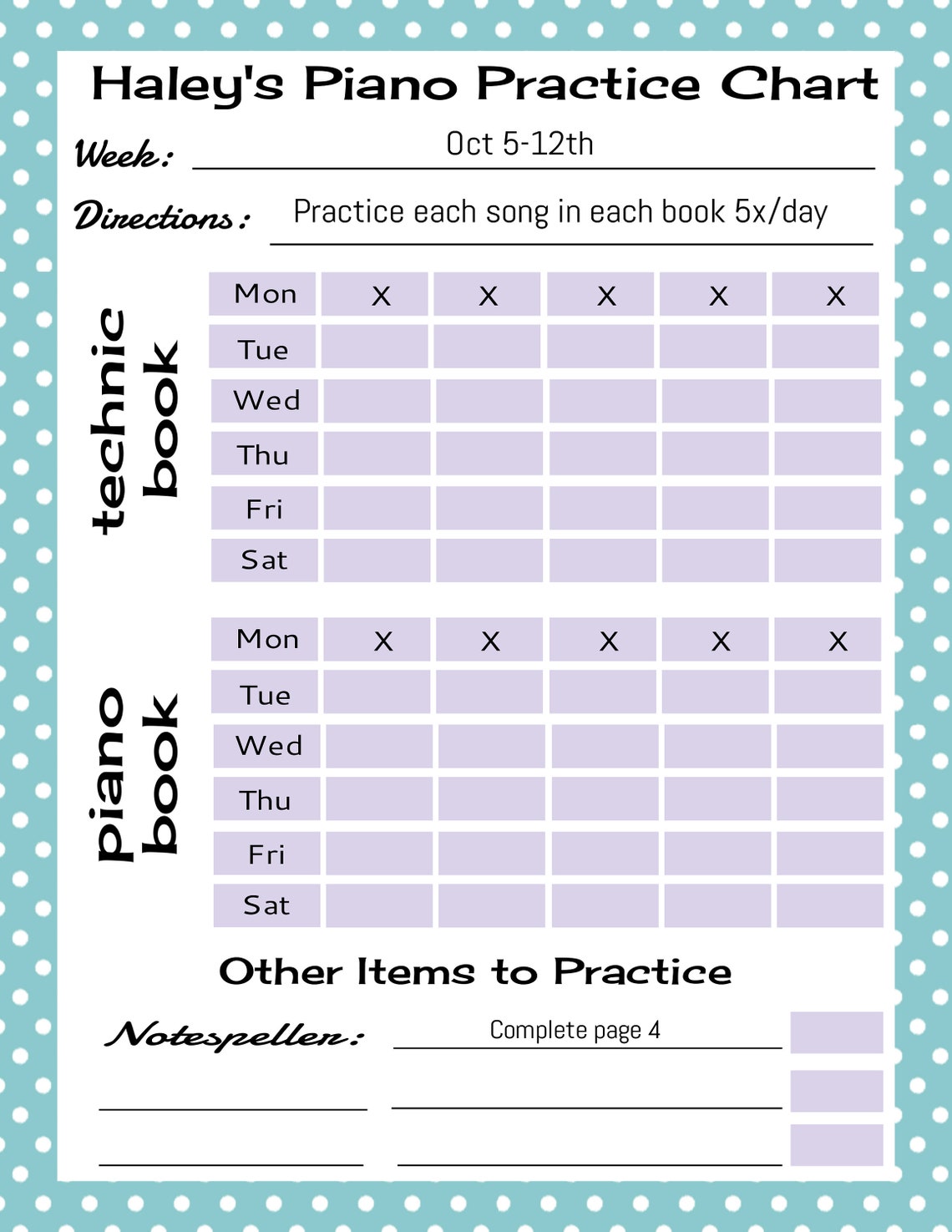 Editable Piano Practice Chart Template Children's Piano Lesson Tracker ...