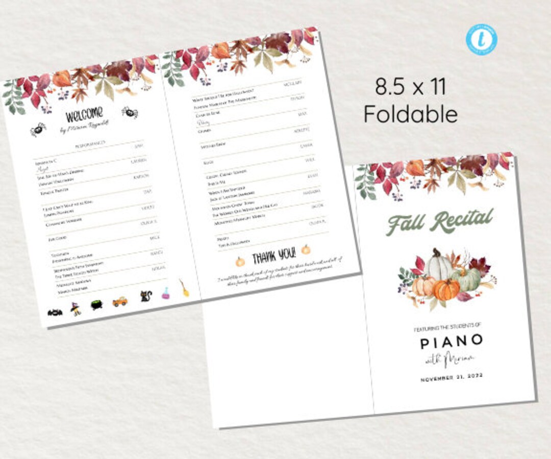 Editable Fall Pumpkin Piano Recital Program Template; Autumn Harvest ...