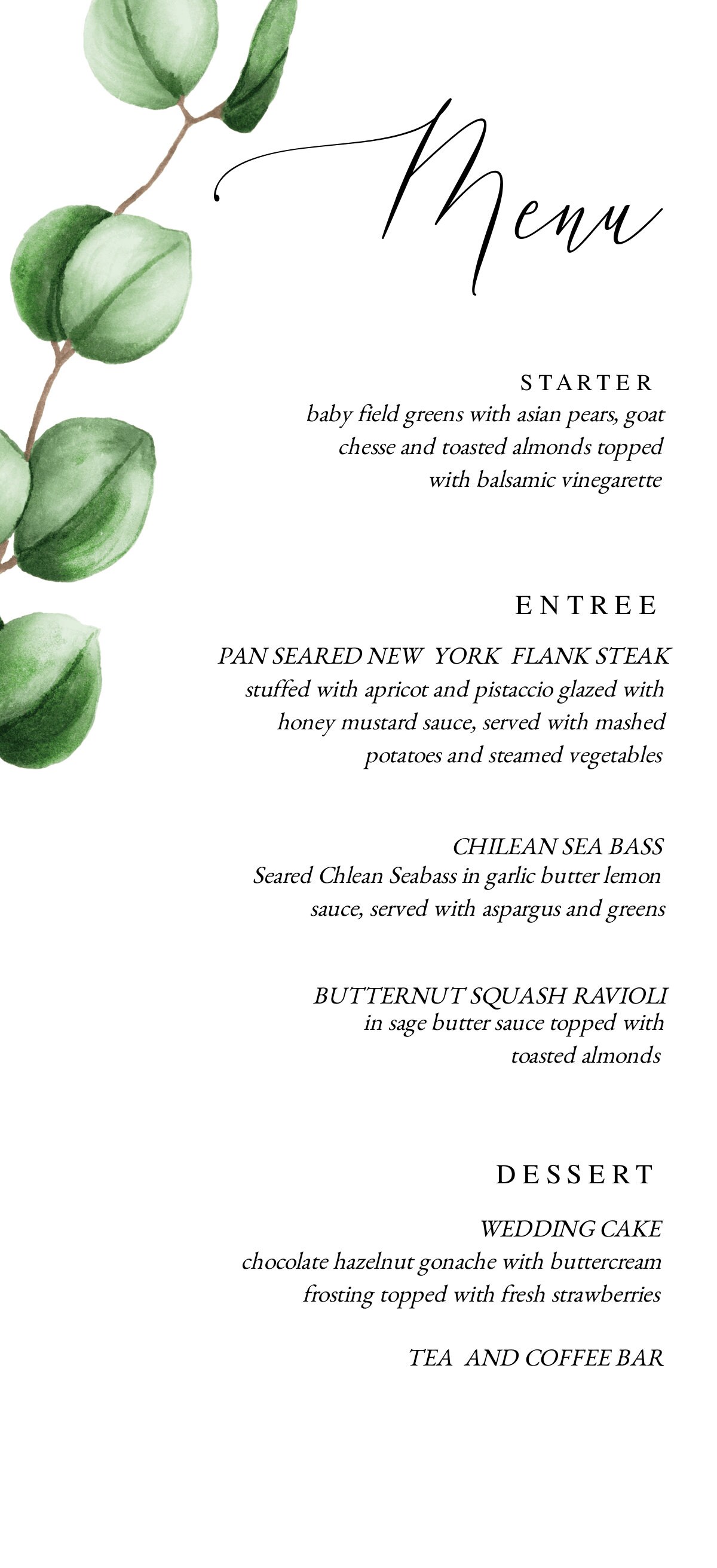 Green Eucalyptus Wedding Menu; Greenery Menu; Botanical Menu; Garden ...