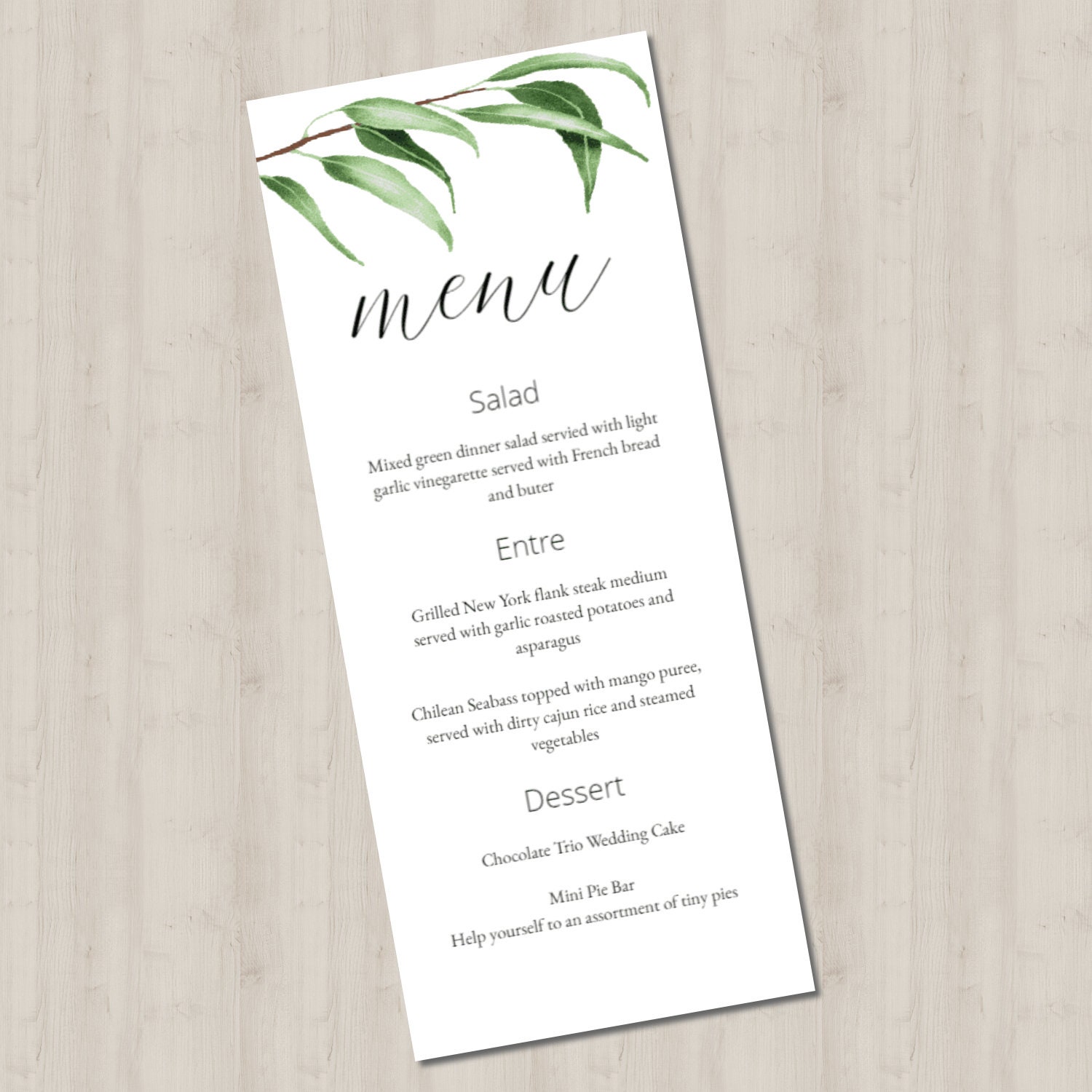 Green Hanging Leaf Stem Wedding Dinner Menu Greenery Botanical Garden ...