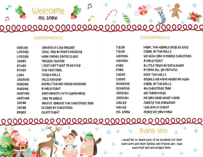 Editable Red White Christmas Piano Recital Program Template; Holiday ...