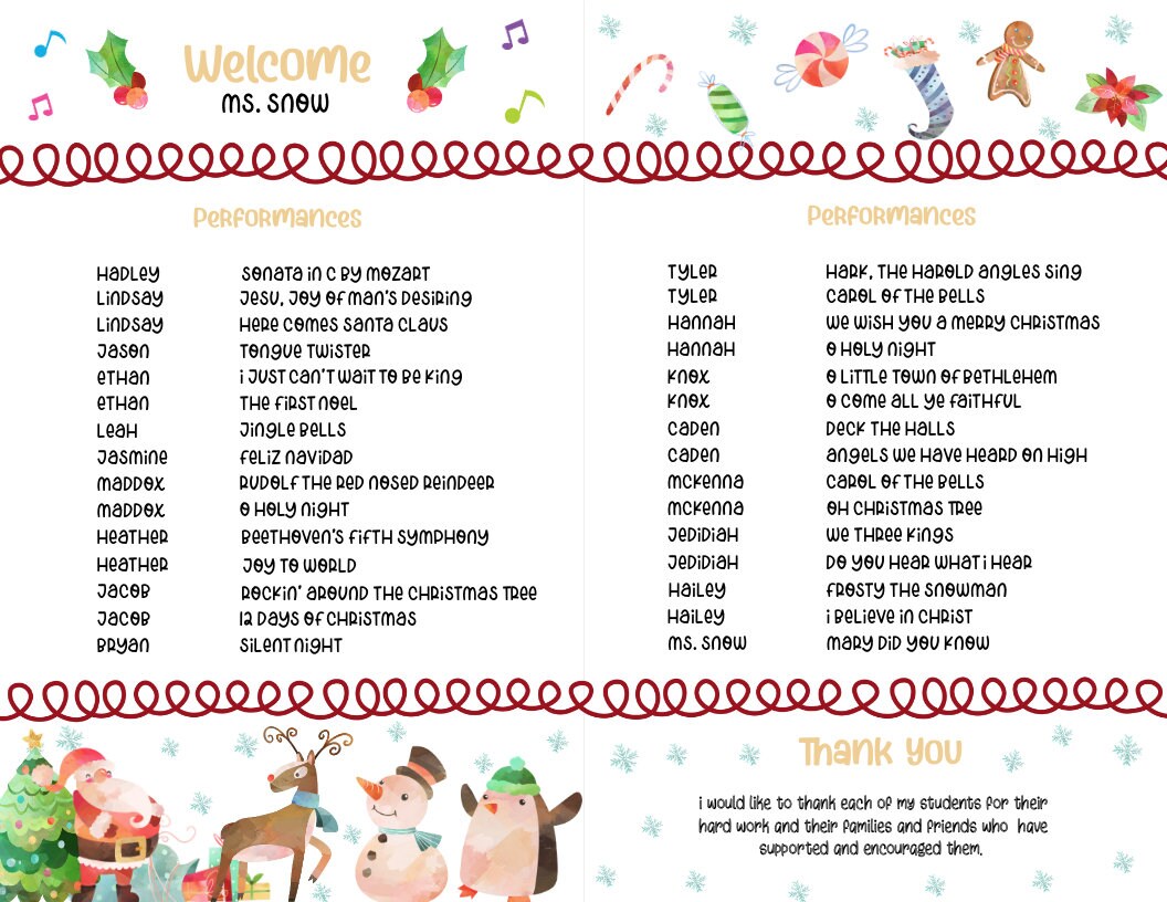 Editable Red White Christmas Piano Recital Program Template; Holiday ...