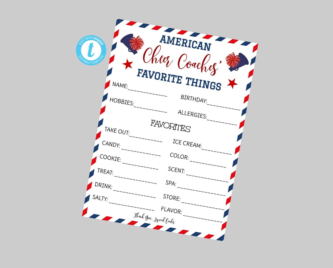 Editable Patriotic Cheer Coaches Favorite Things Red White Blue Survey ...