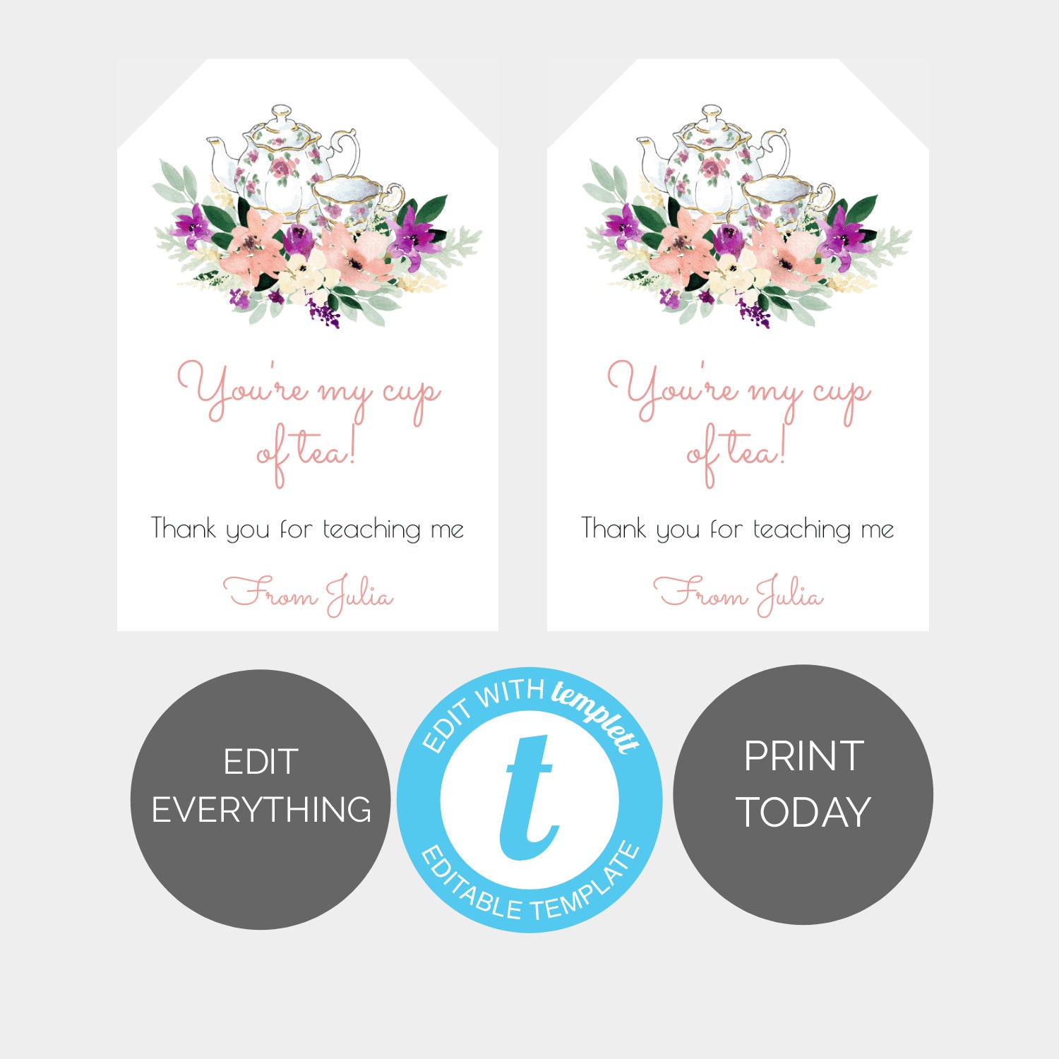 Teapot Floral Thank You Favor Tag; Tea Card; Watercolor Gift Tag ...