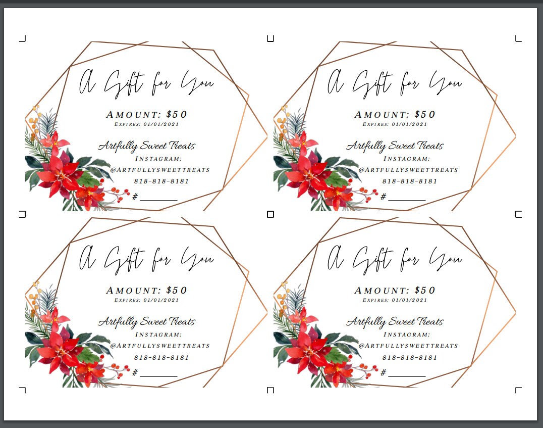 EDITABLE Christmas Gift Card Template; Poinsettias Gold Frame DIY Gift ...