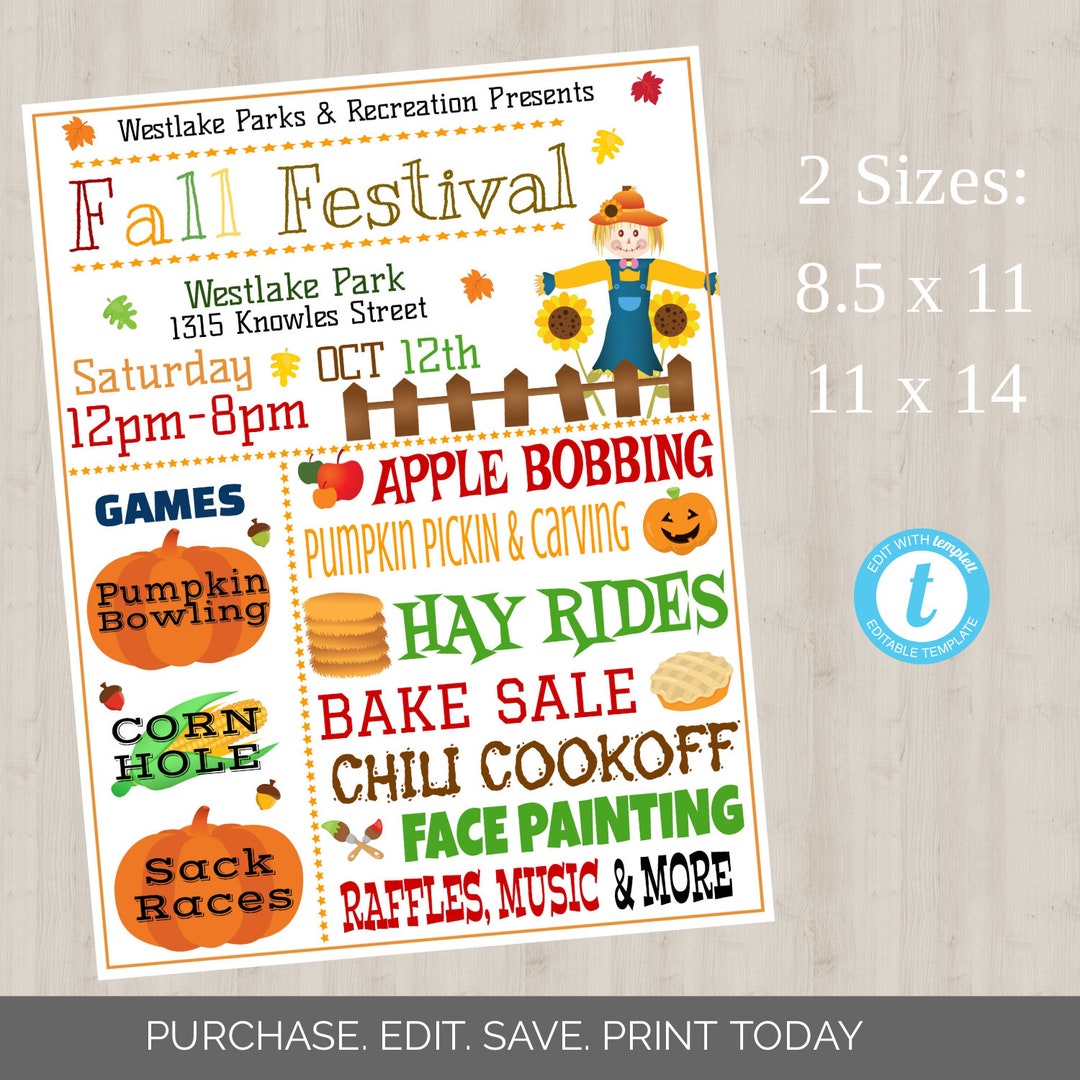 Editable Fall Festival Flyer Template; 2 Sizes Fall Harvest Poster ...