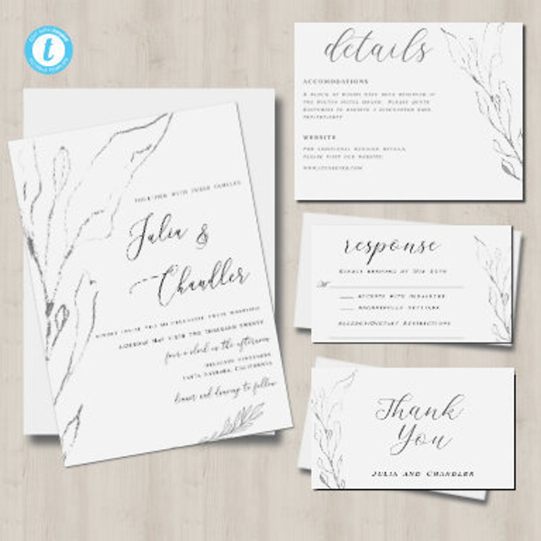 Fine Art Hand Drawn Leaf Stem Sketch Wedding Suite; Pencil Sketch Set ...