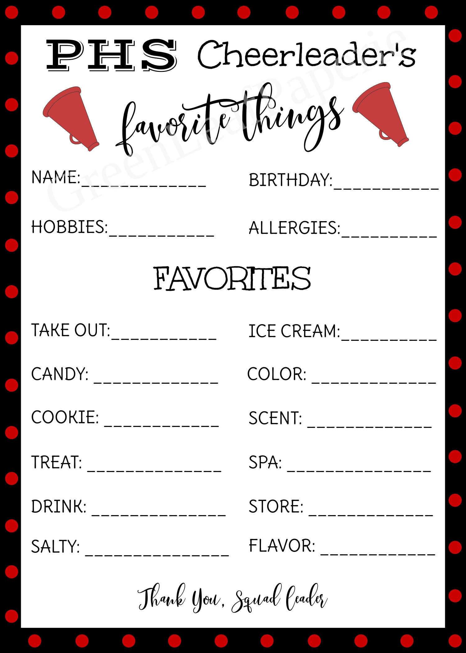 EDITABLE Cheerleader's Favorite Things; Red Black School ; Cheer Squad ...