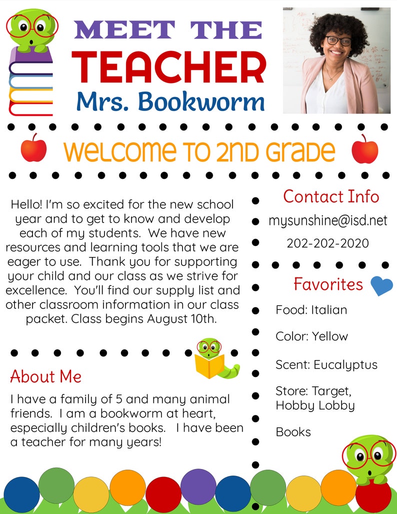 Editable Meet the Teacher Template; Colorful Rainbow Bookworm; Primary ...