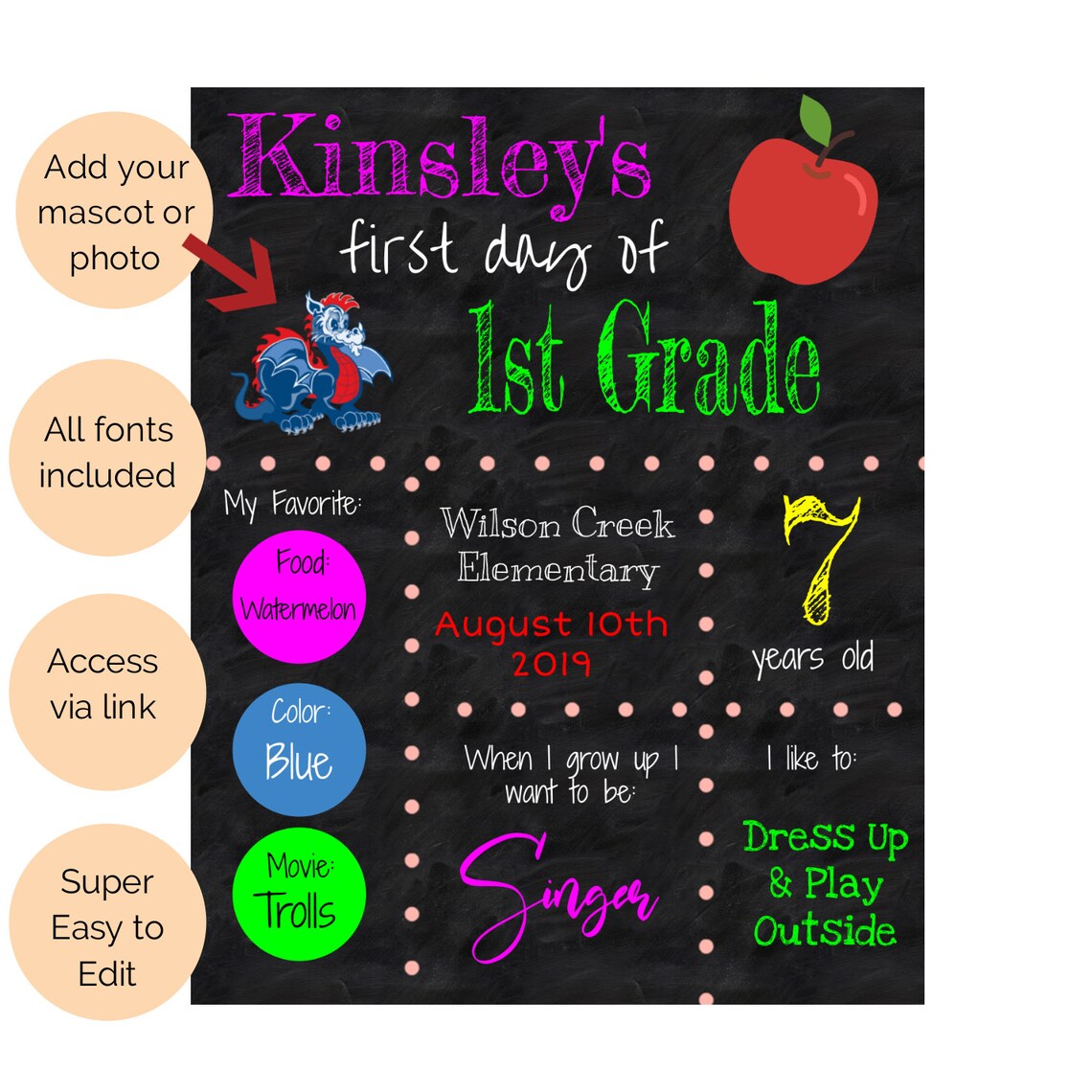First Day of School Chalkboard PRINTABLE Stats Sign 8x10 Back to School ...