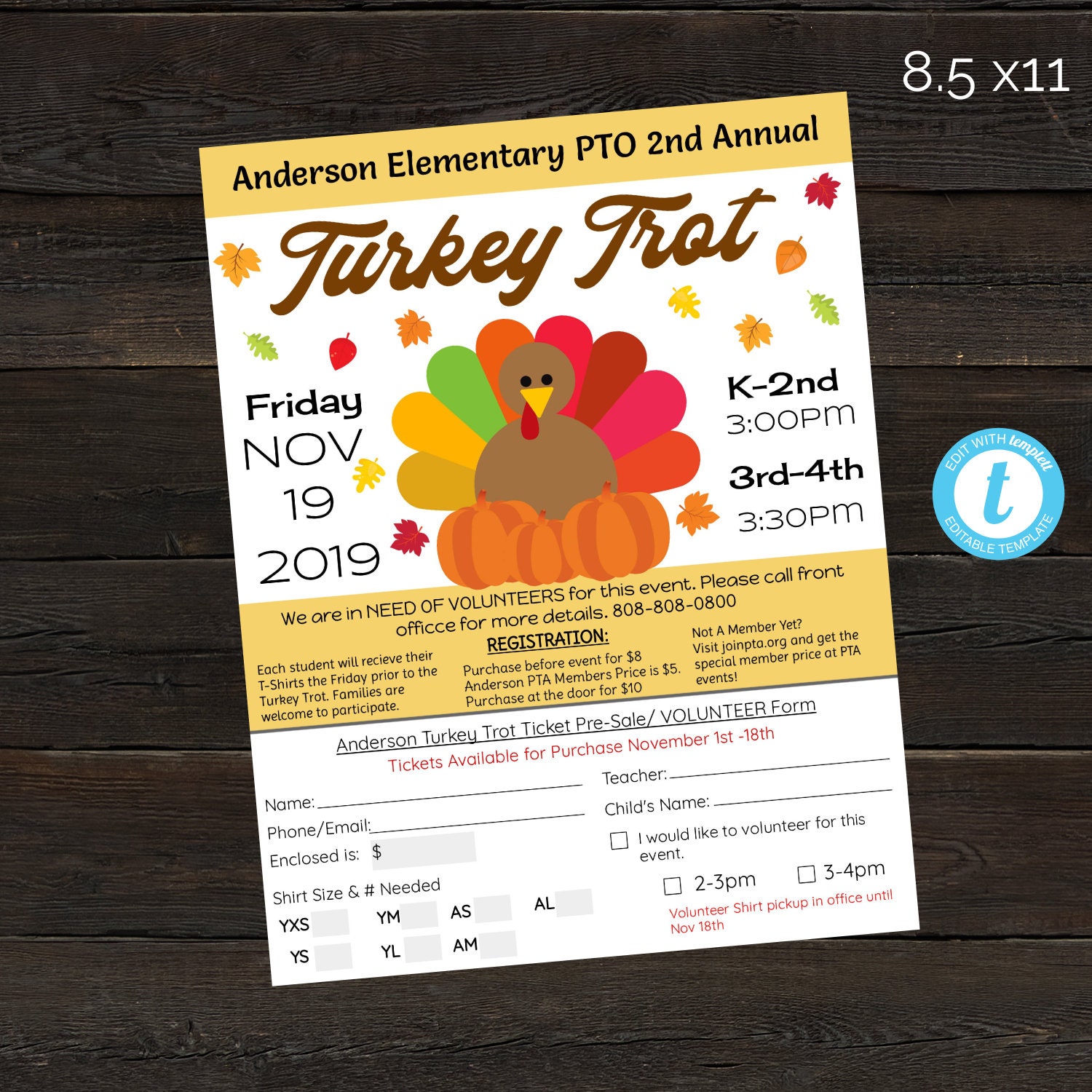 EDITABLE Turkey Trot Flyer Volunteer Form Template; PTO.PTA Fundraiser ...