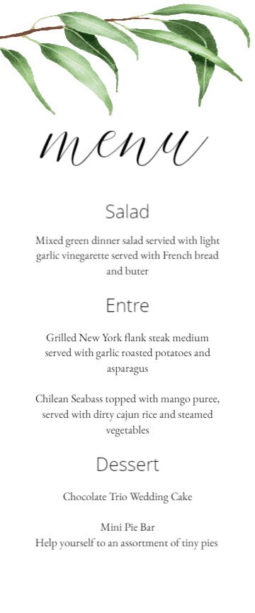 Green Hanging Leaf Stem Wedding Dinner Menu Greenery Botanical Garden ...