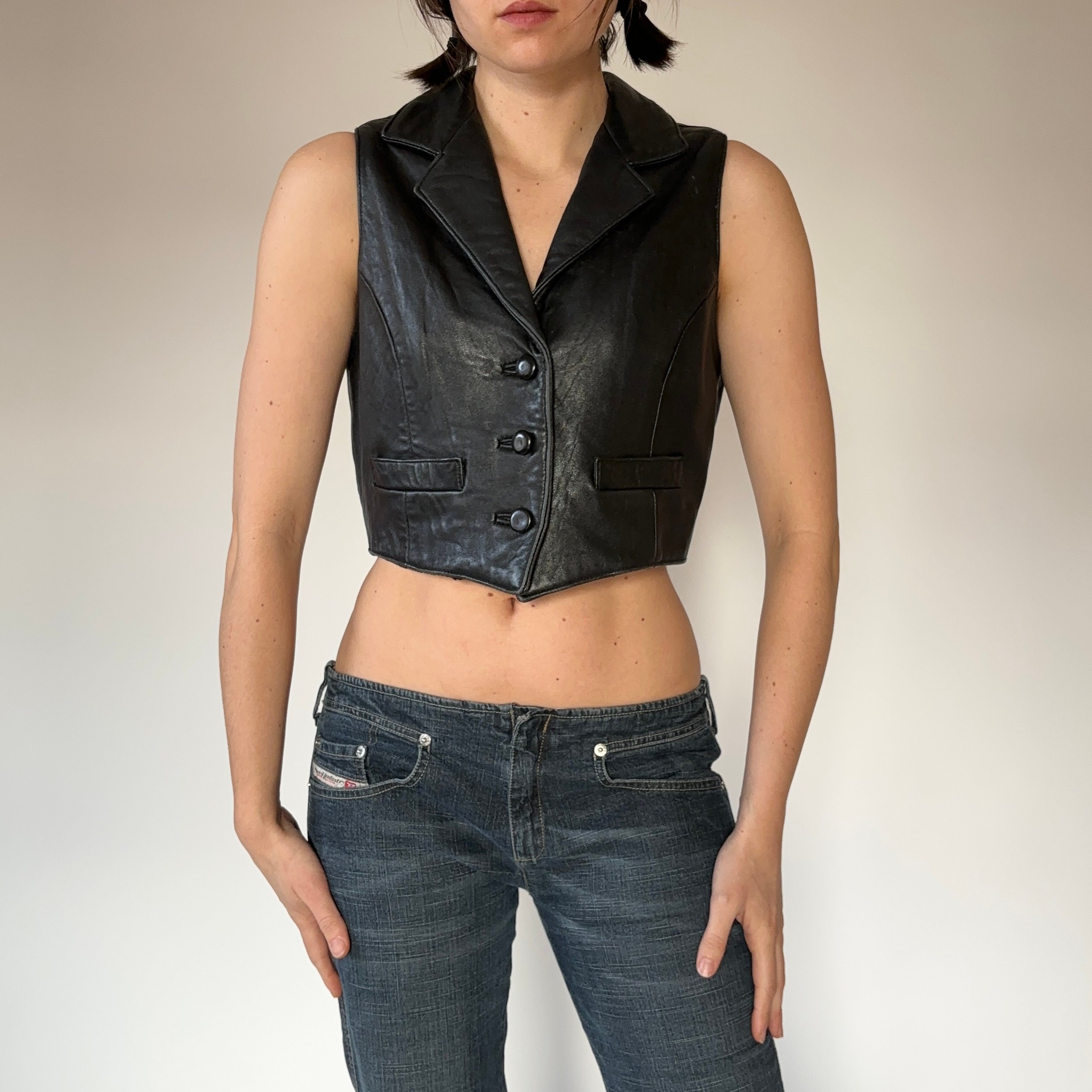 90s Noir Leather Vest S - Etsy