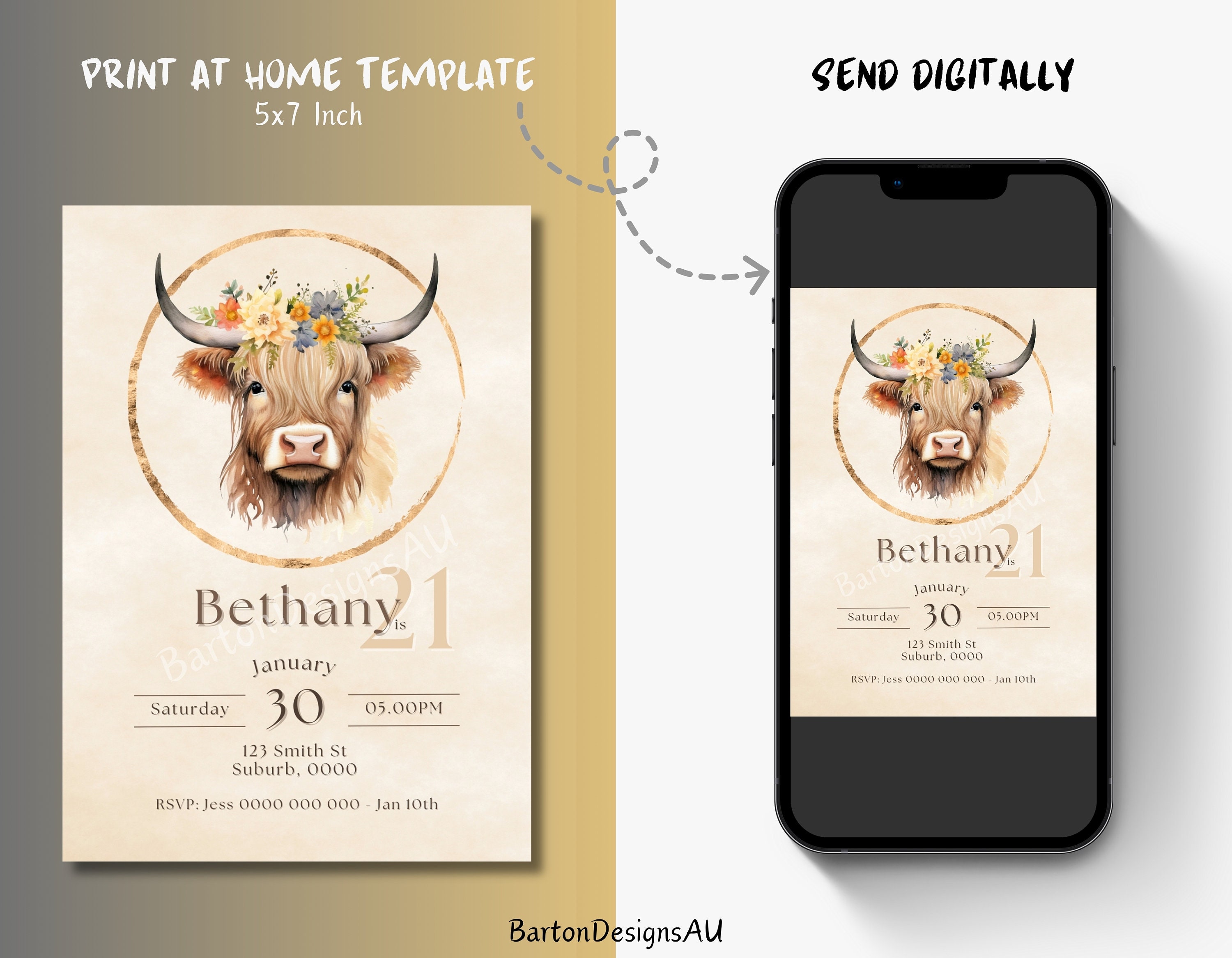 Customisable Highland Cow Invitation | Rustic Invitation | Animal ...