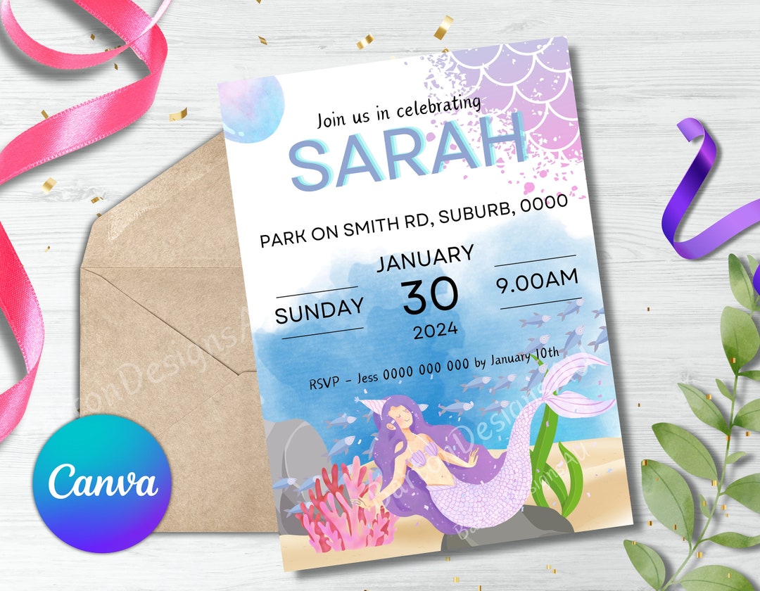 Customisable Mermaid Birthday Invitation | Underwater Invitation ...