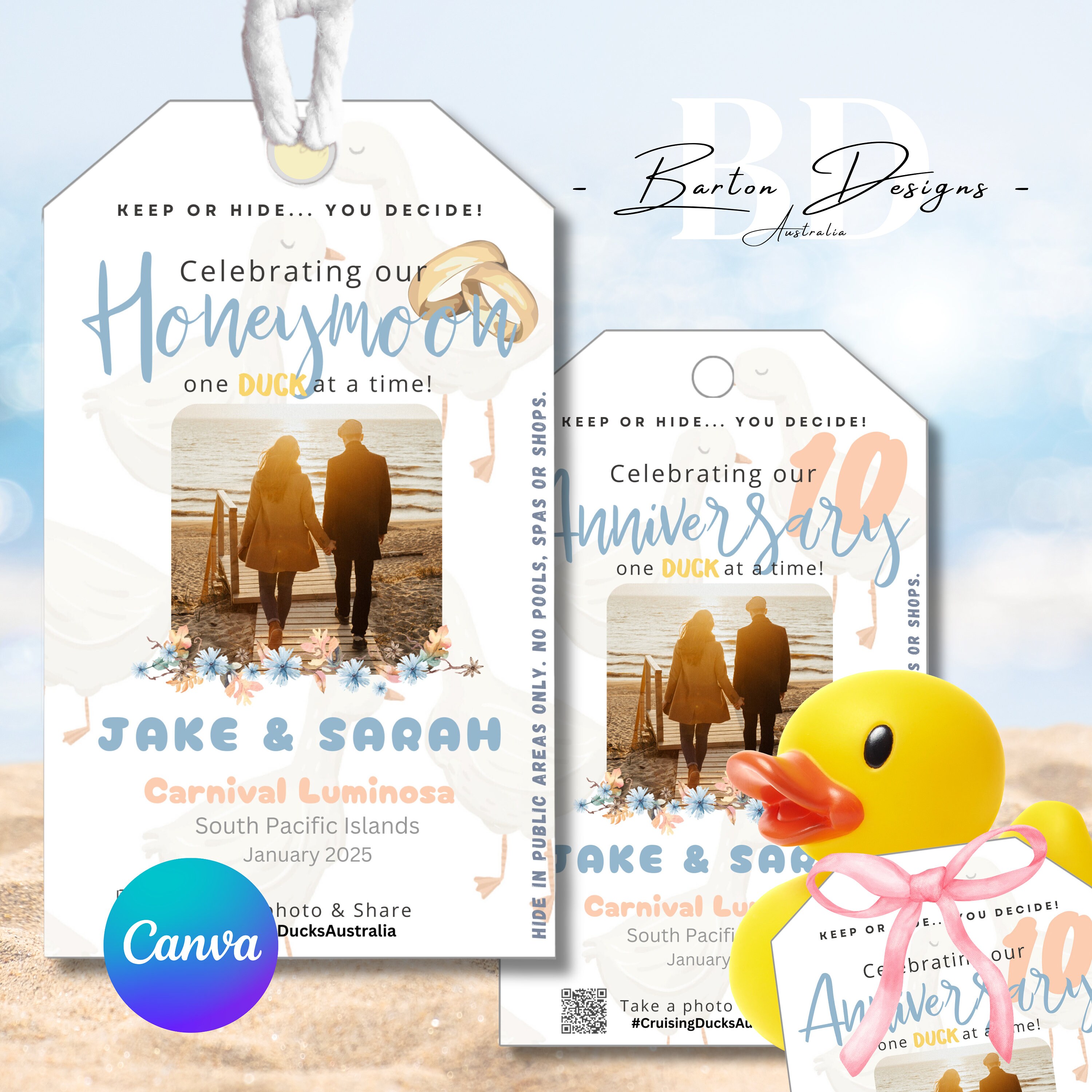 Editable Cruising Duck Tag Template Honeymoon Anniversary Personalised ...