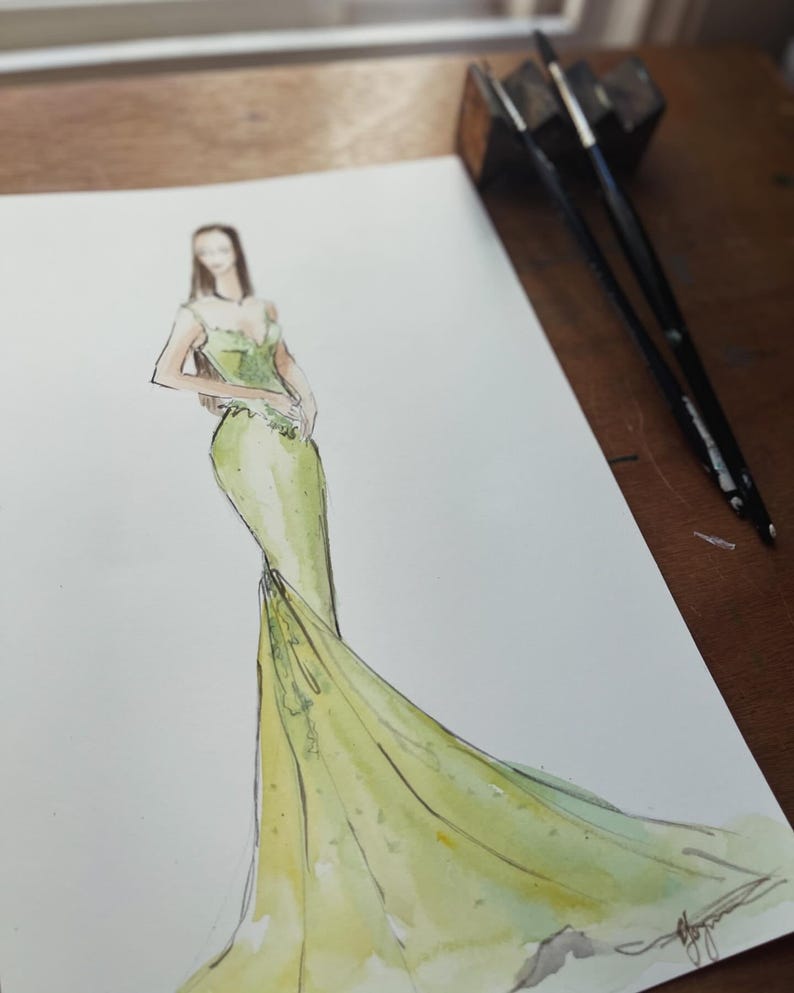 Hand Painted Evening Gown Custom Fashion Illustration: Personalized ...