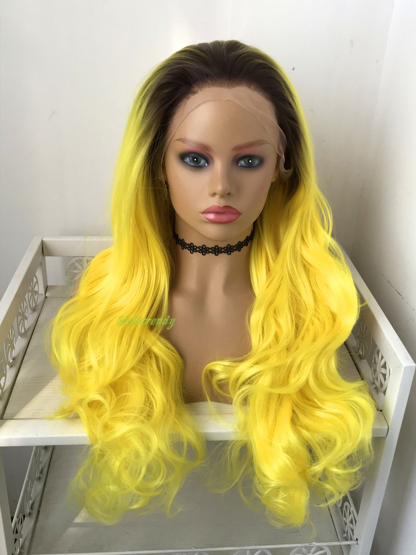 Brown Rootes Bright Yellow Long Wavy Hair Ombre Wigs Premium | Etsy