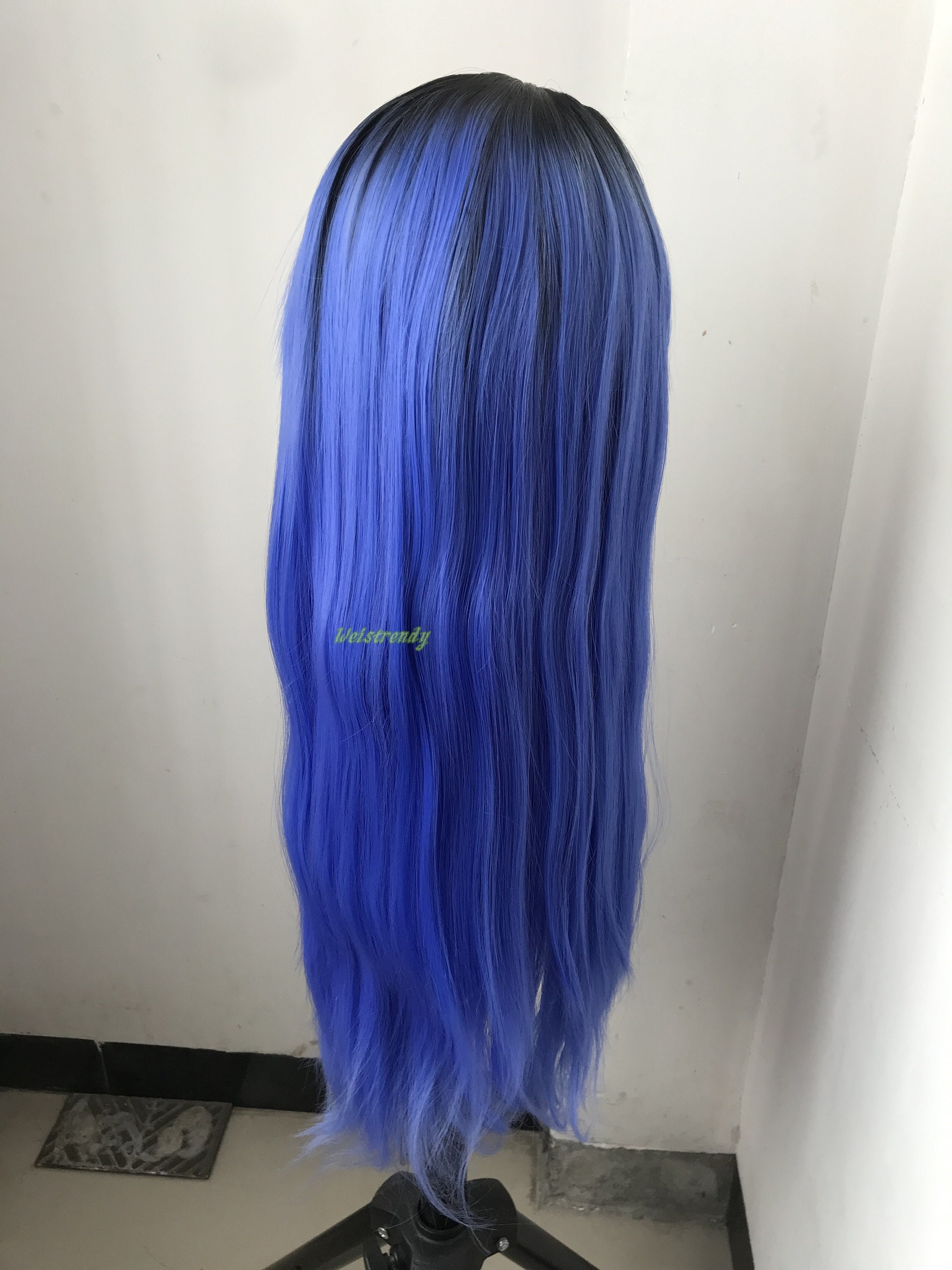 Realistic Bright Blue Ombré Long Straight Hair Wig with Black | Etsy