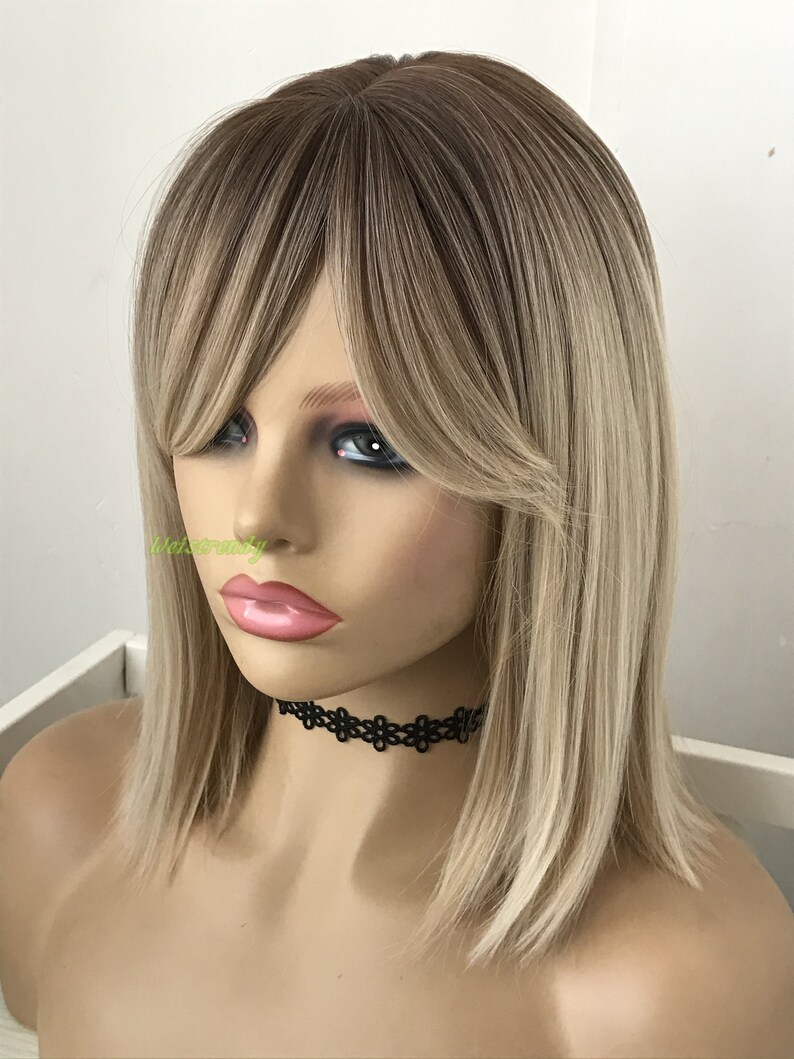 Realistic Dark Roots Ombre Mixed Blonde Medium Length Straight | Etsy