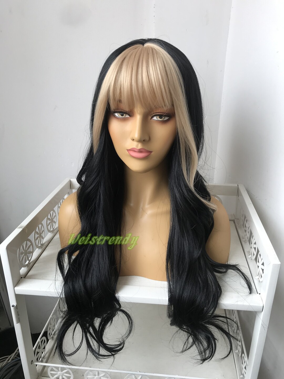 Billion Black Money Pieces Face Frame Long Wavy Wig With Bangs Black ...