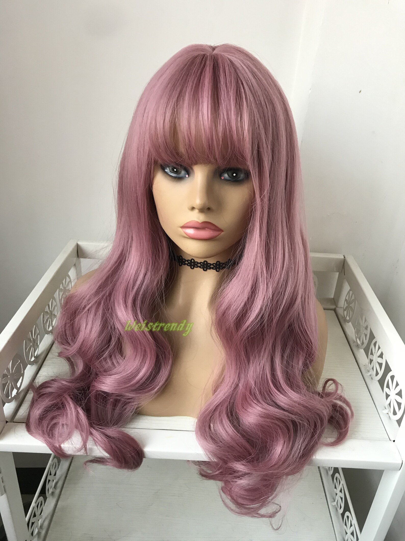 Mixed Dirty Pink Long Curl Wavy Hair Wigs Bangs/Fringe | Etsy
