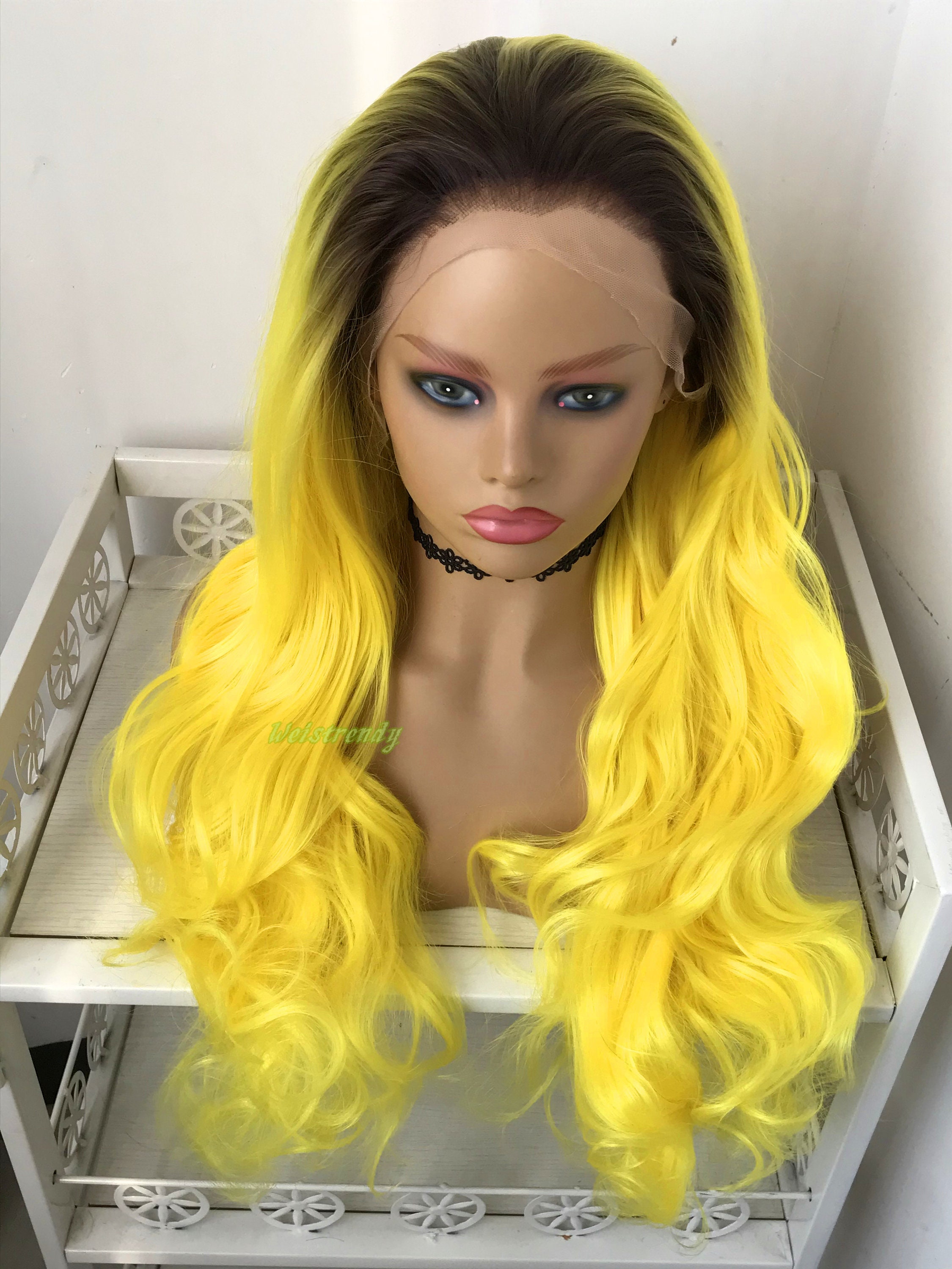 Brown Rootes Bright Yellow Long Wavy Hair Ombre Wigs Premium | Etsy