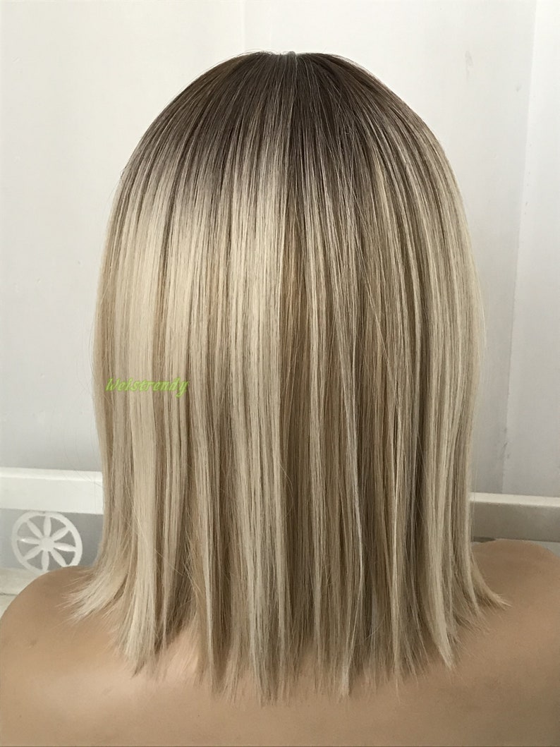 Realistic Dark Roots Ombre Mixed Blonde Medium Length Straight | Etsy