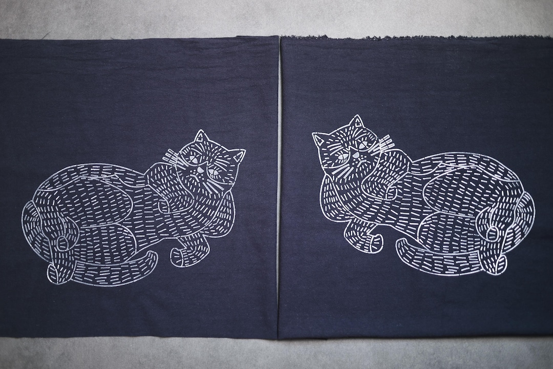 Sashiko Embroidery Panel "laying Down Cat" 100% Craft Cotton Kitty Pre ...