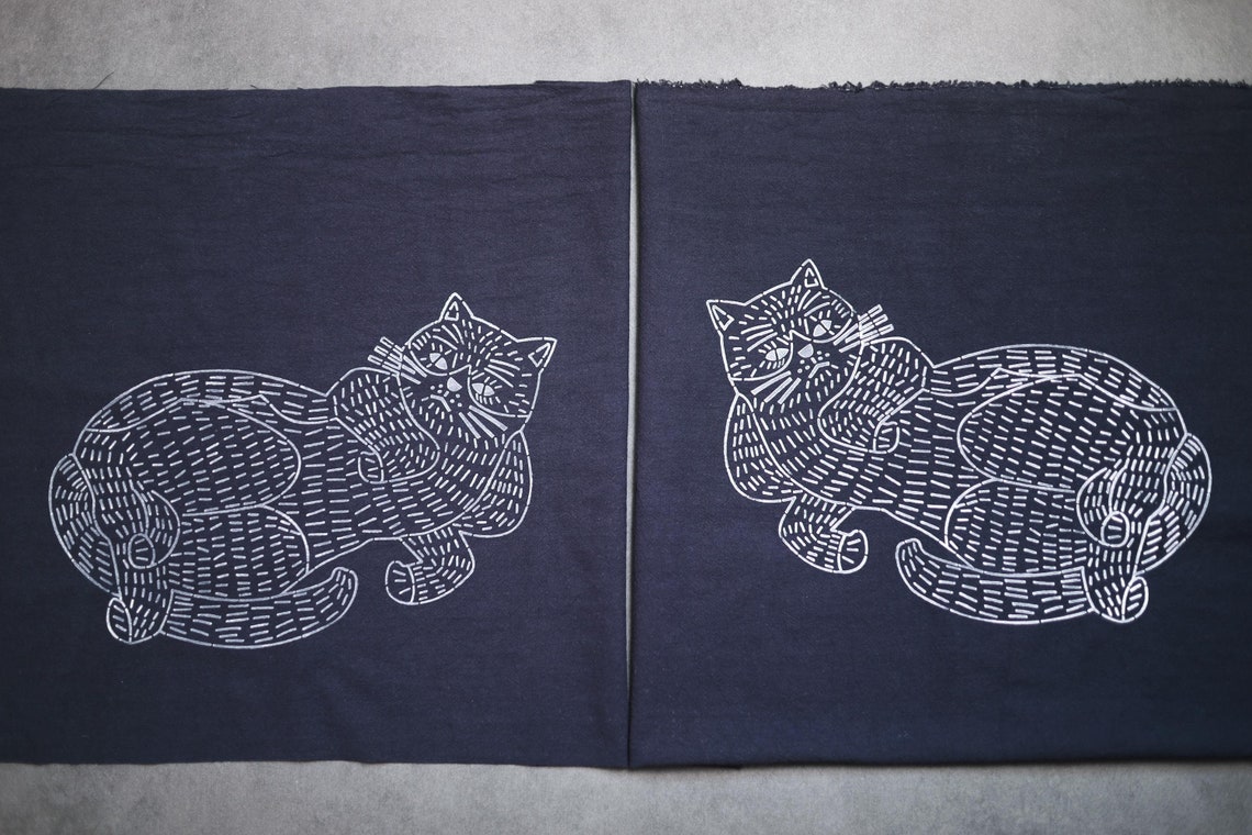 Sashiko Panel: Laying Cat Pre-printed Indigo Cotton Embroidery - Etsy