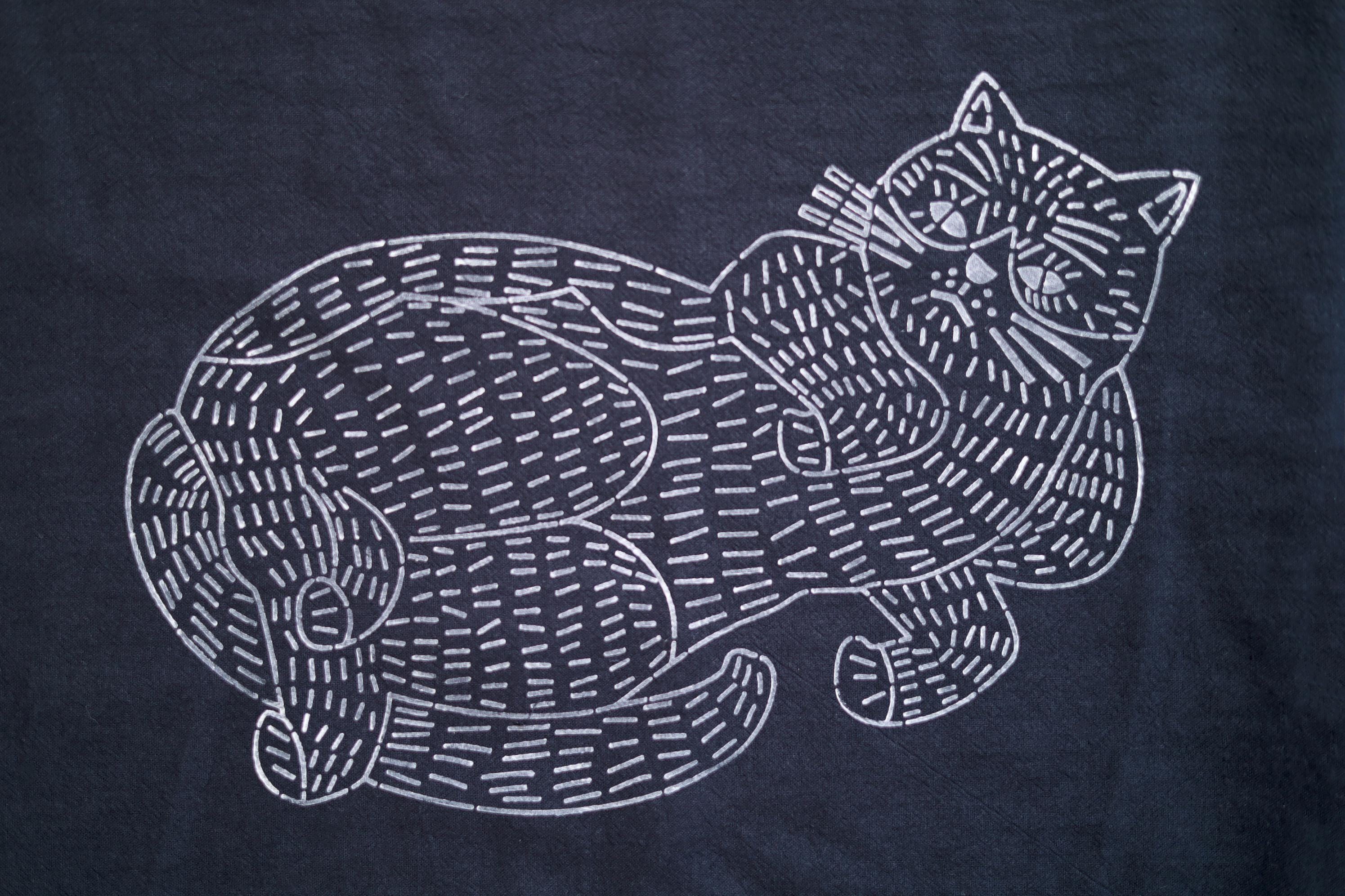 Sashiko Panel: Laying Cat Pre-printed Indigo Cotton Embroidery - Etsy